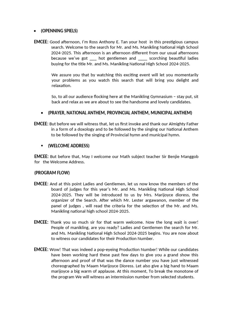 Emcee Script Search For MR and Ms Intramurals PR | PDF