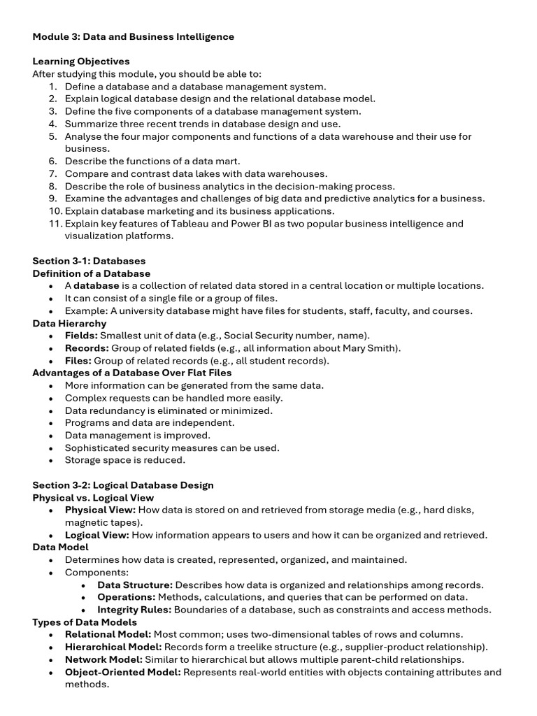 INF1505 - Module 3 - Study Notes | PDF | Databases | Data Warehouse