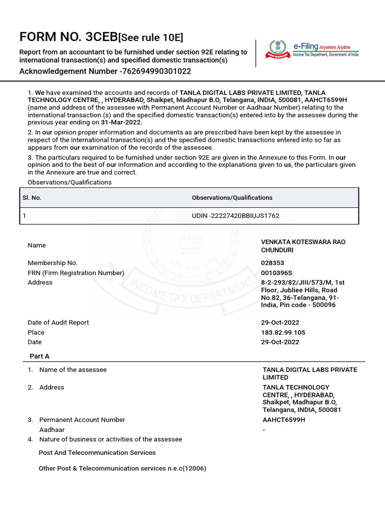 Annexure - 4 - AY - 2022-23 - 3CEB - Tanla Labs | PDF | Goods | Prices