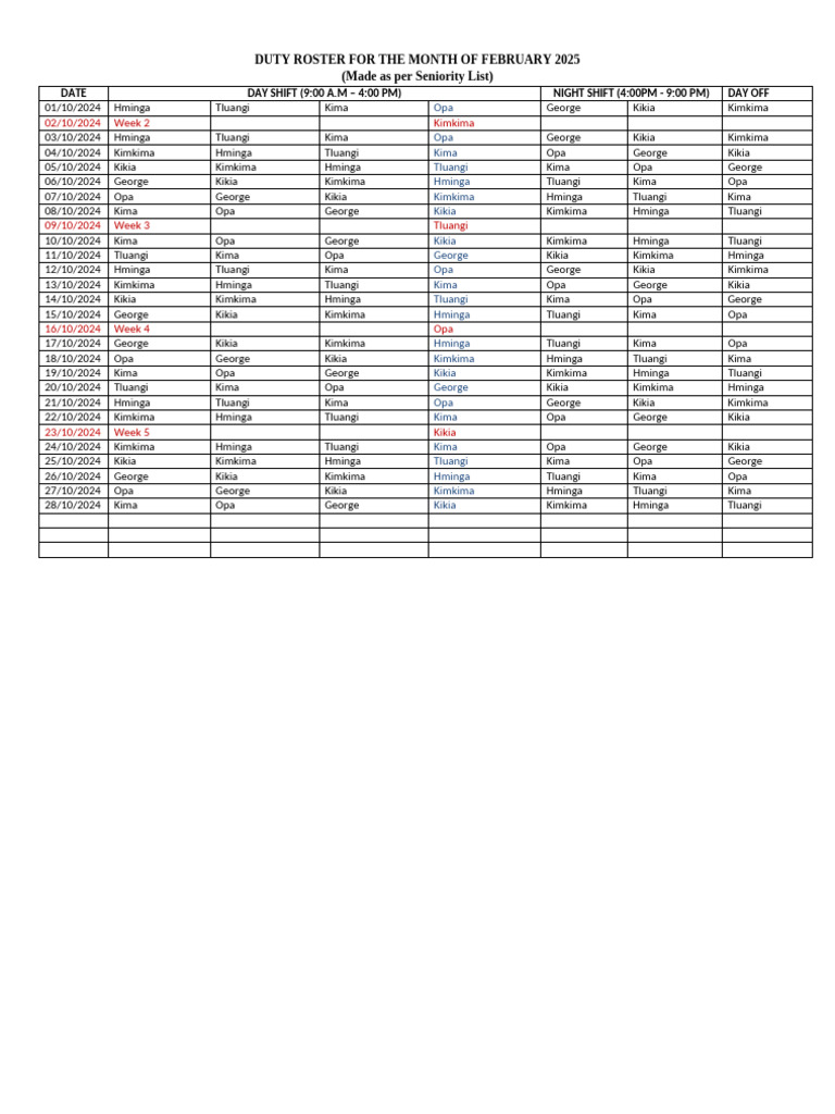 February 2025 Duty Roster | PDF