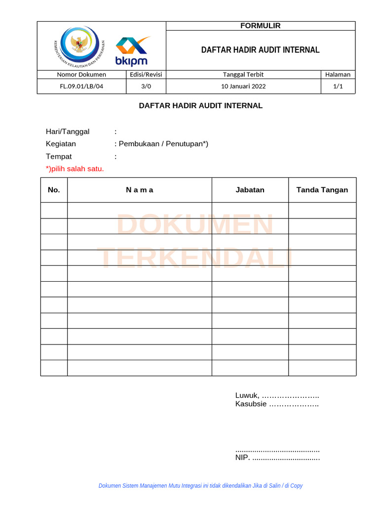 Daftar Hadir Audit Internal 2022 | PDF