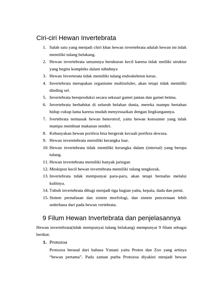 Ciri dan Filum Hewan Invertebrata | PDF