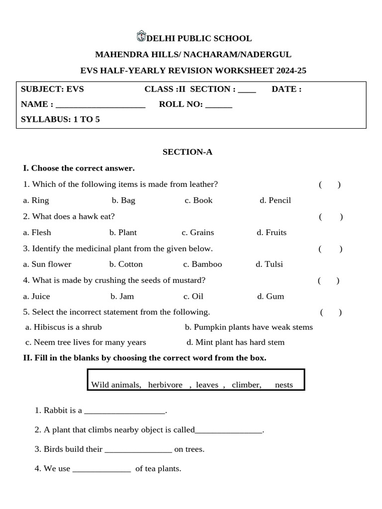 Class 2 EVS Half -Yearly Revision Worksheet 2024-25(1) (1) | PDF ...