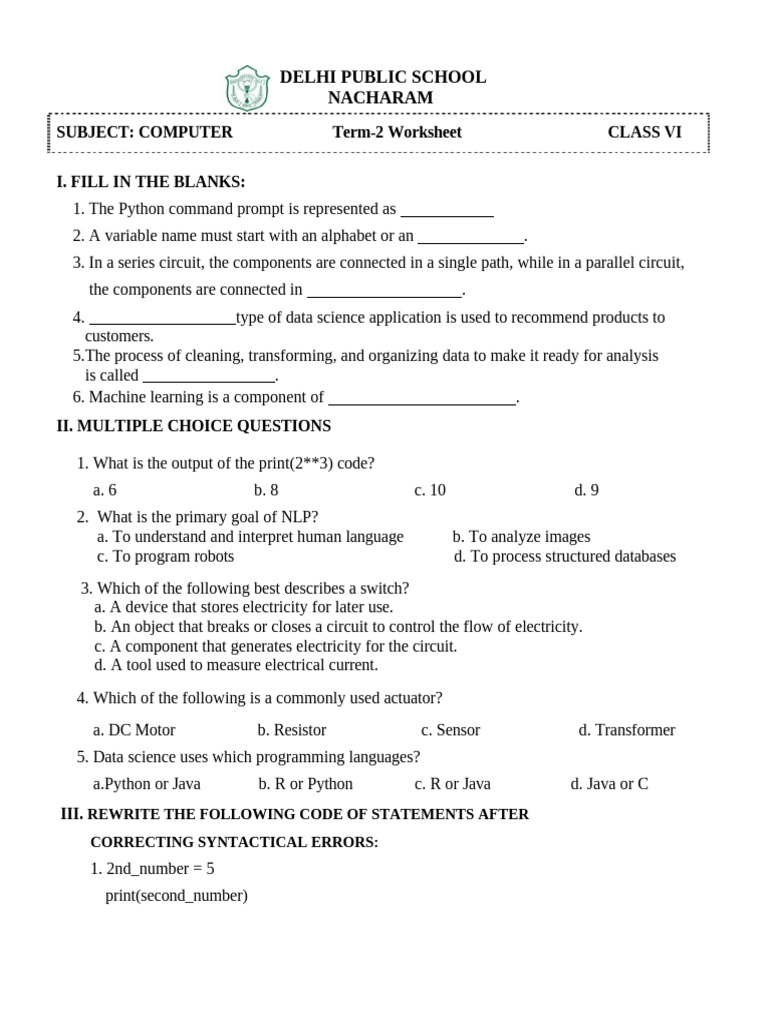 Delhi Public School Nacharam: Class Vi Term-2 Worksheet Subject ...