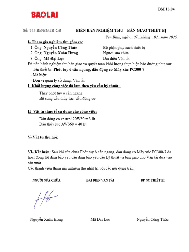 Bbbg Số 745 Máy Xúc Pc300-7 Vận Tải 07-02-2025 | PDF