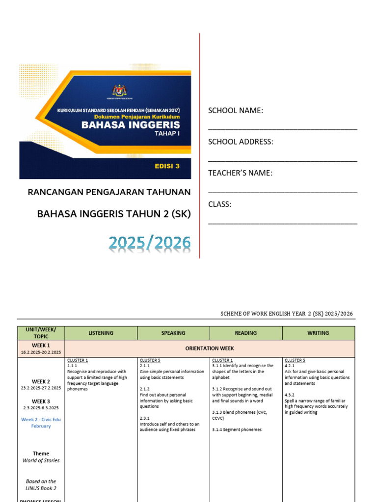 Sow English Year 2 DPK SK 2025 2026 by Rozayusacademy Kump A | PDF | English Language | Word