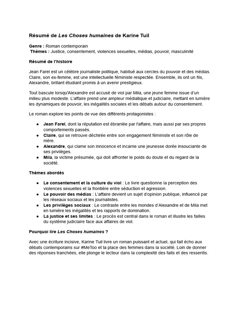 Résumé de "Les Choses humaines" | PDF