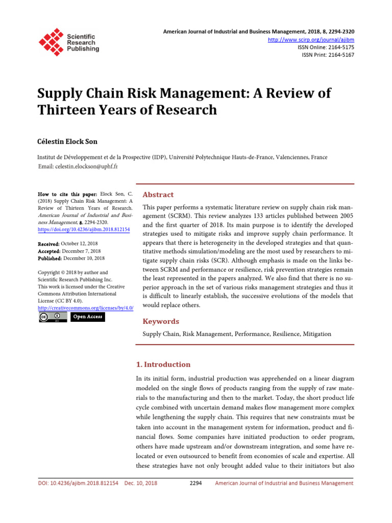 SCRM A View of Thirteen Years | PDF | Risk | Supply Chain Management