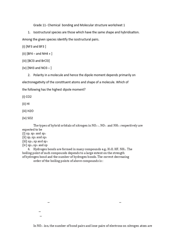 Grade 11 - Chemical Bonding and Molecular Structure - Worksheet 1 | PDF ...
