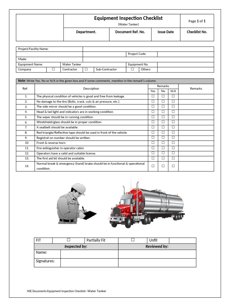 Water Tanker Inspection Checklist | PDF | Vehicle Technology ...