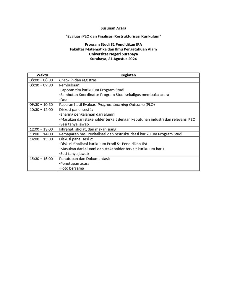 Draf Susunan Acara Evaluasi Dan Finalisasi Kurikulum Prodi IPA 2024 | PDF