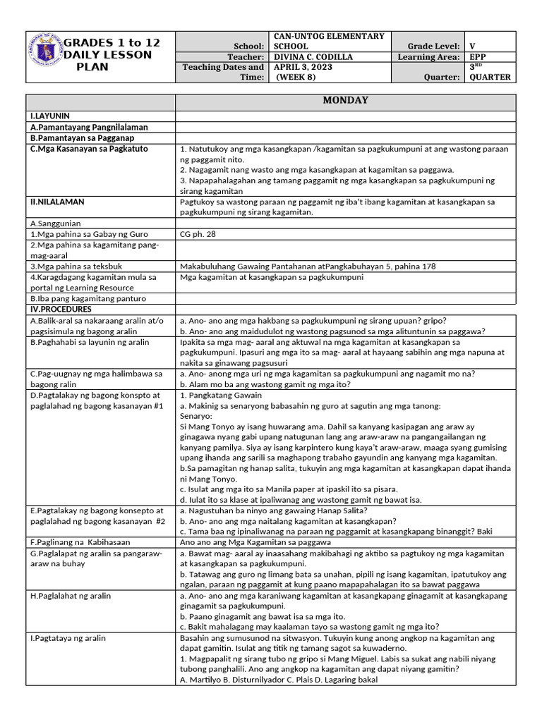 GRADES 1 To 12 Daily Lesson Plan: Monday | PDF