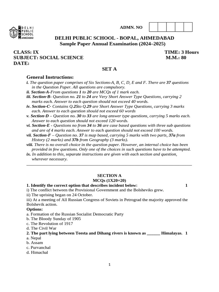Class IX Social Science Sample Paper 2024 | PDF | Monsoon | Russian ...