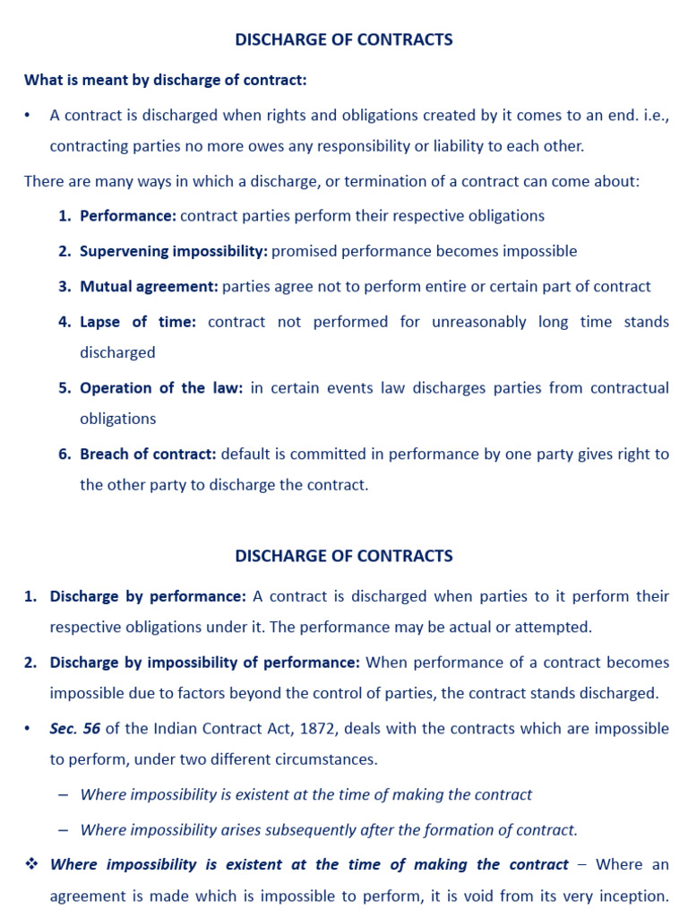 7 Discharge of Contracts | PDF | Breach Of Contract | Law Of Obligations