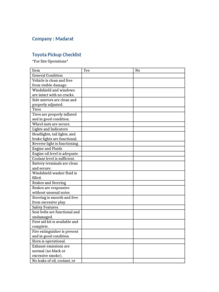 Toyota Pickup Site Operations Checklist | PDF