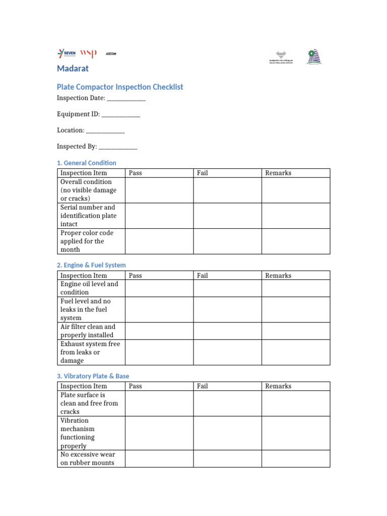 Pre Inspection Checklist For Plate - Compactor | PDF