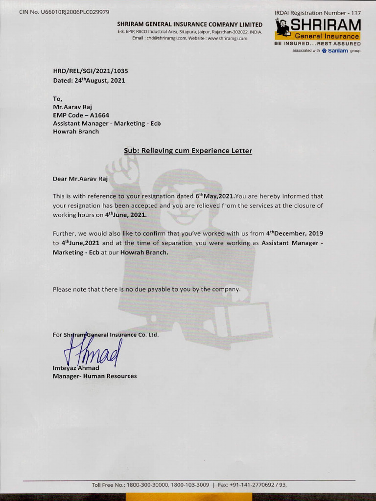 Shriram General Insurance Company Limited: Sub: Relieving Cum ...