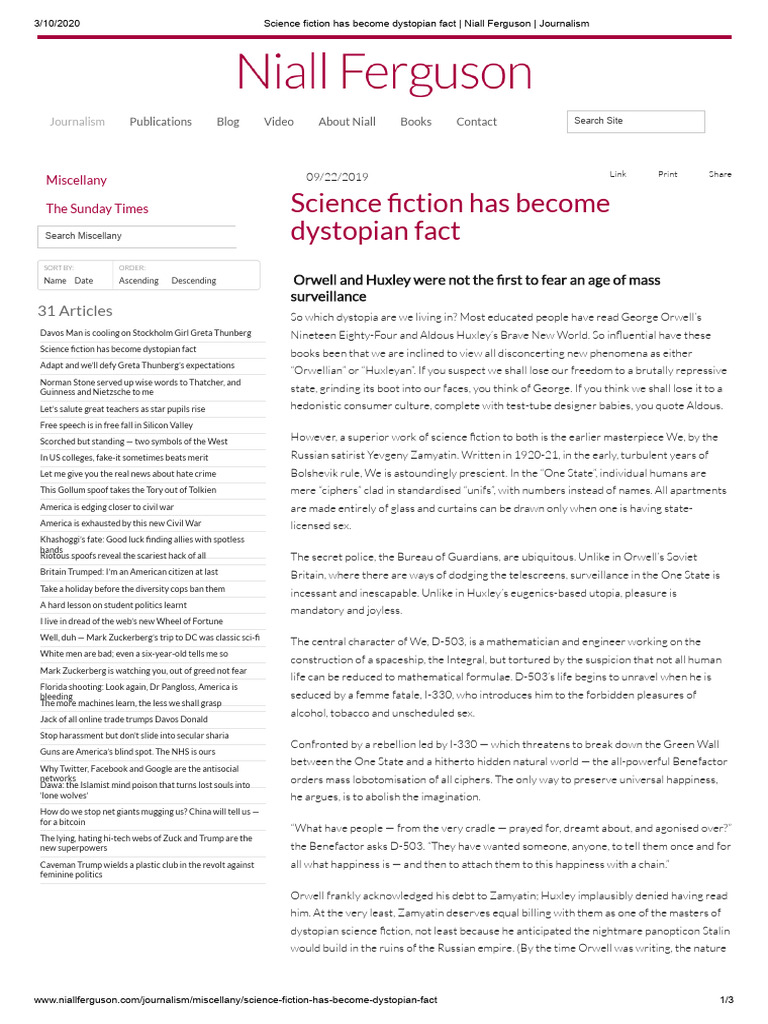 Science Fiction Has Become Dystopian Fact _ Niall Ferguson _ Journalism | PDF | Dystopia