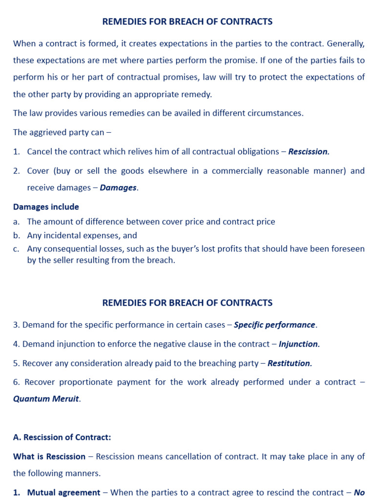Remedies For Breach of Contract | PDF | Damages | Legal Remedy