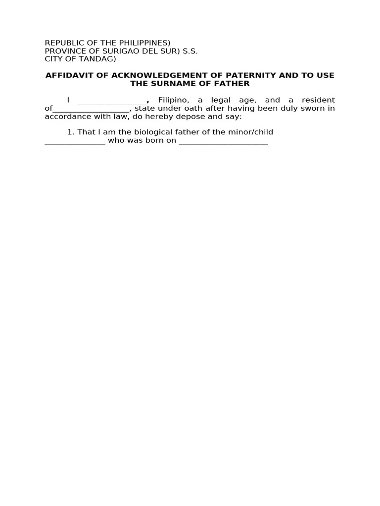 Affidavit of Acknowledgement of Paternity and To Use The Surname of ...