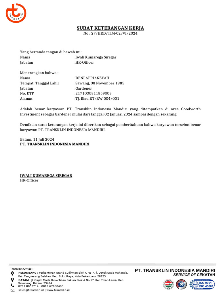 Surat Keterangan Kerja Karyawan Transklin | PDF