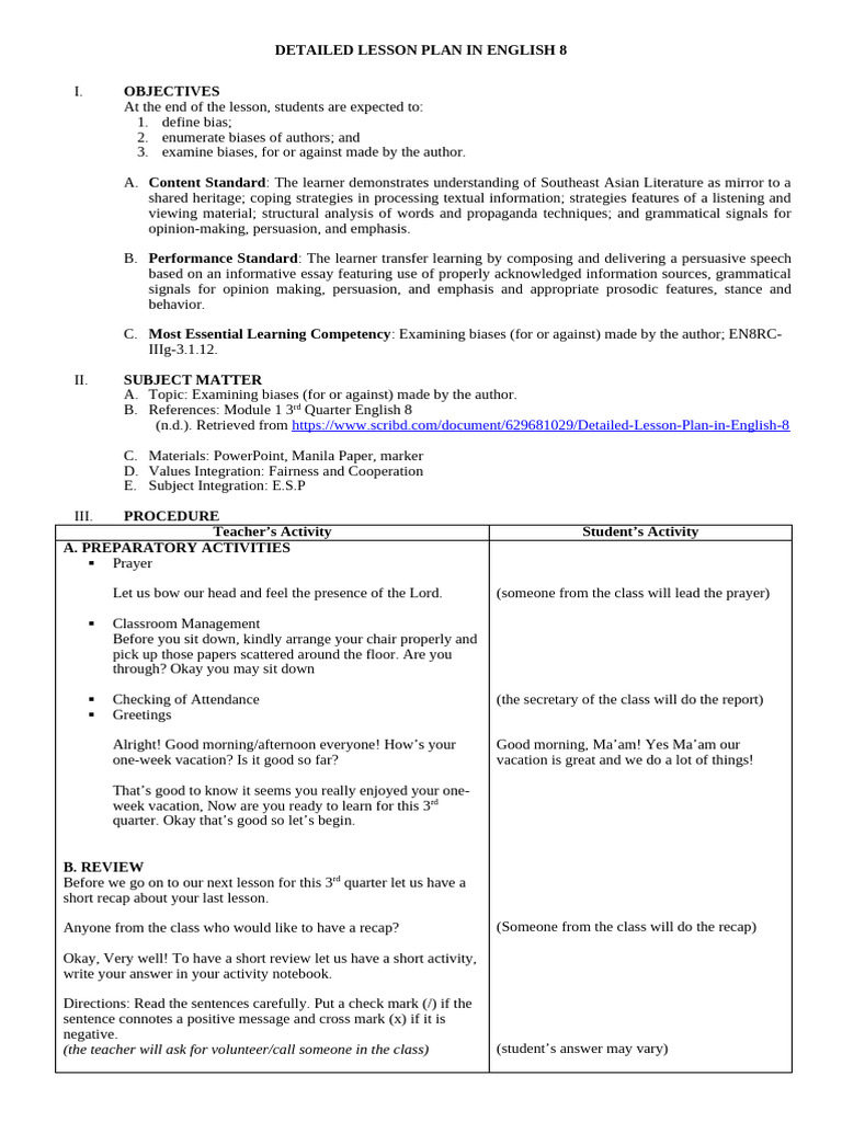 Detailed Lesson Plan in English 8 | PDF | Bias | Learning