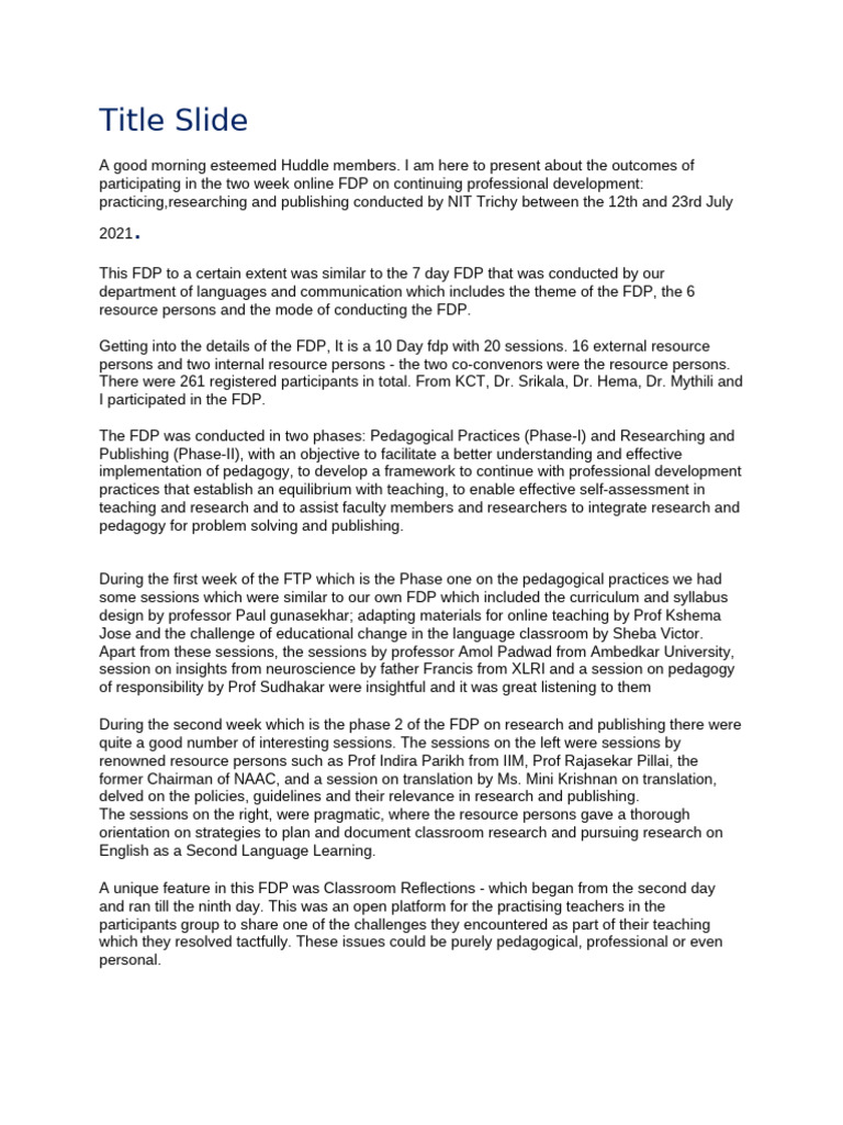 NIT Trichy FDP Presentation | PDF | Pedagogy | Education Theory