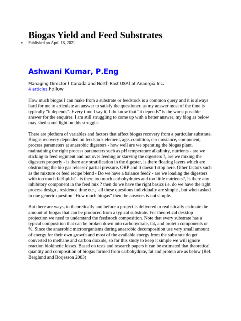 Biogas Yield and Feed Substrates | PDF | Anaerobic Digestion | Biogas