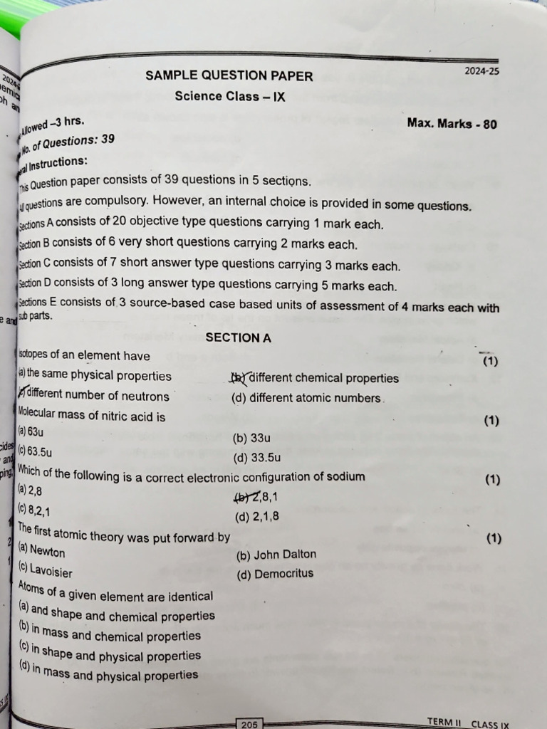 Sample Paper Science Class 9 | PDF | Atoms | Force