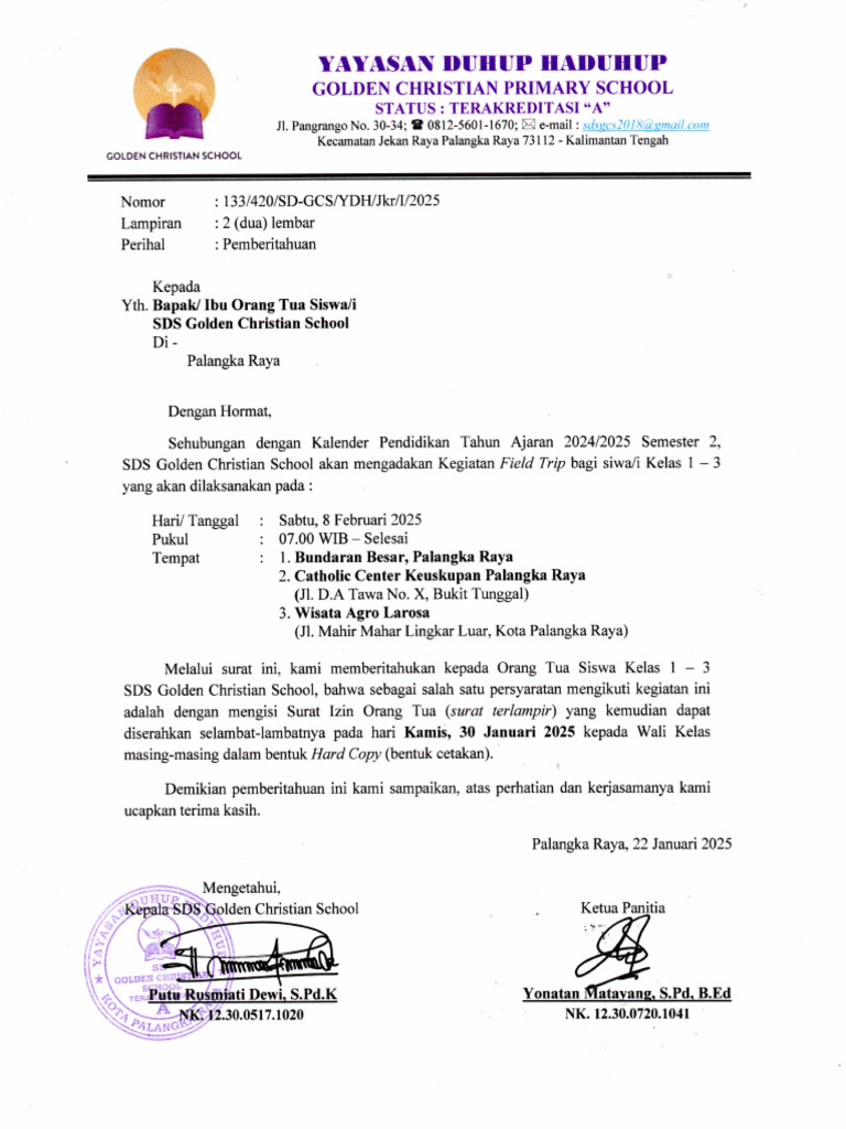 Surat Pemberitahuan Field Trip Grade 1 - 3 | PDF