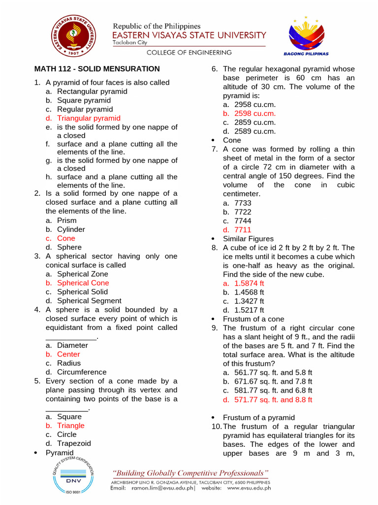 Solid Mensuration Concepts and Problems | PDF | Sphere | Area