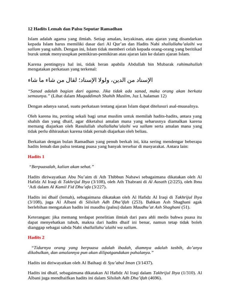 12 Hadits Lemah dan Palsu Seputar Ramadhan2 | PDF