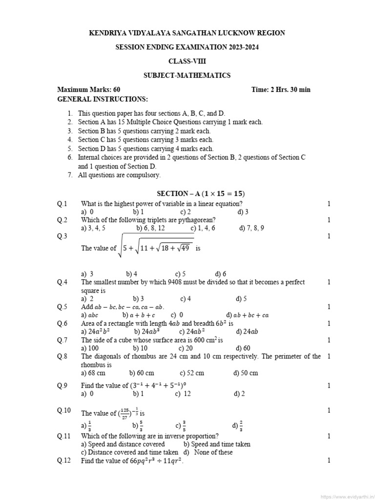 Class 8 Maths Exam Paper 2023-24 | PDF | Cartesian Coordinate System | Area