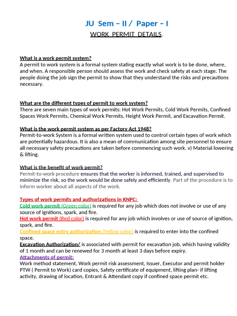 Work Permit System Overview and Types | PDF | Occupational Safety And ...