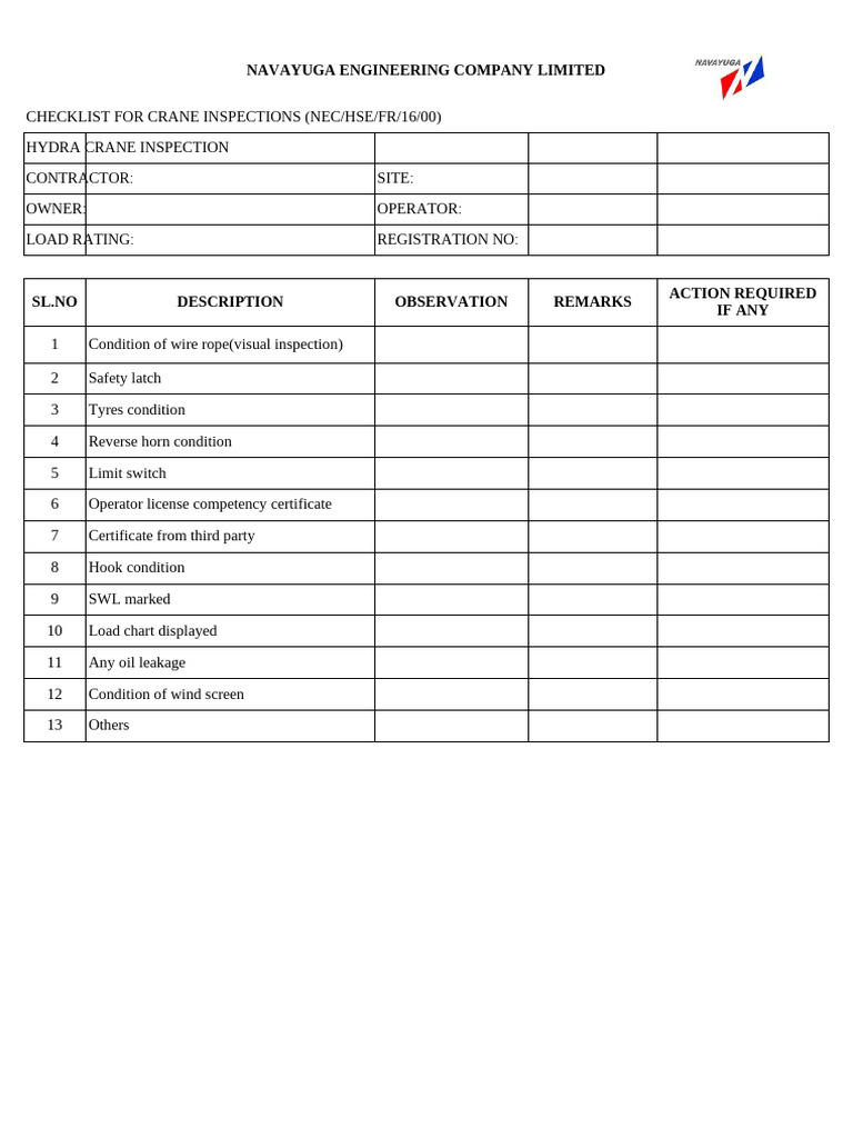 Nec Hse Fr 16 00 Checklist for Crane Inspections | PDF