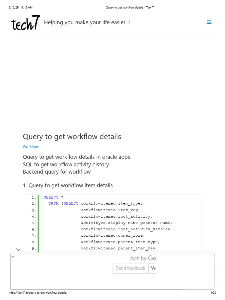 Query To Get Workflow Details - Tech7 | PDF | Databases | Data Management