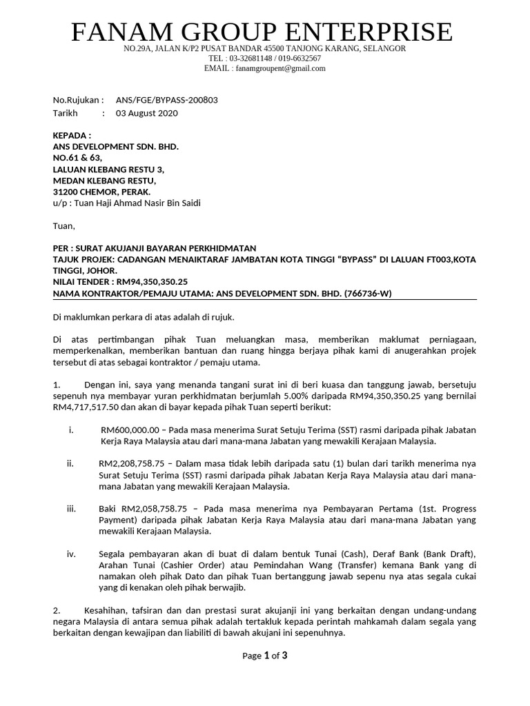 SURAT PERAKUAN ANS DEV SDN BHD - JAMBATAN KOTA TINGGI - BM | PDF