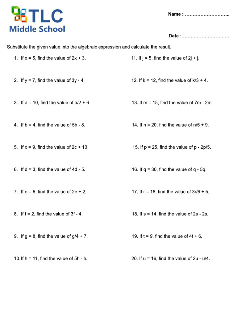 gr6 - Math - Algebra - Evaluating Expressions | PDF