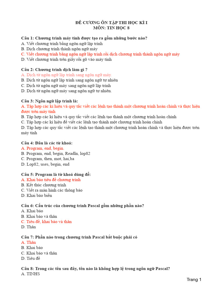 ĐỀ CƯƠNG tin 8 hk1 21-22 | PDF