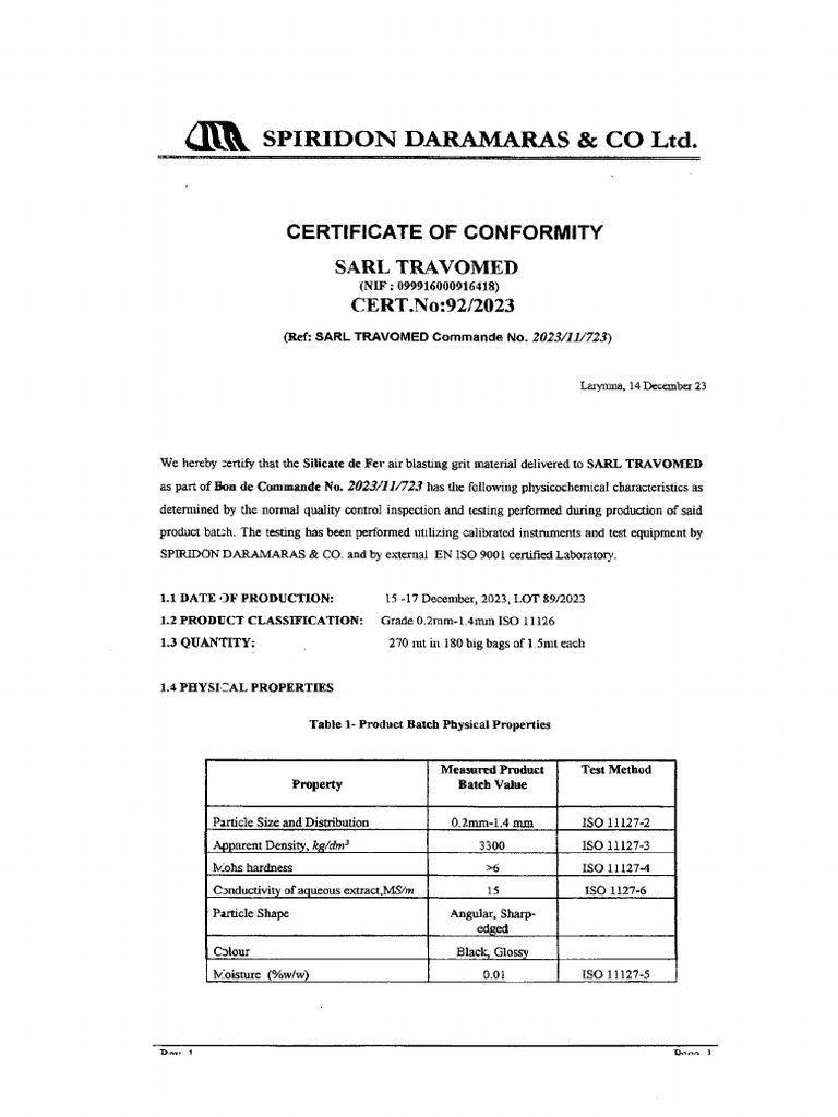 Certificats de Conformité Silicate de Fer - 0001 | PDF