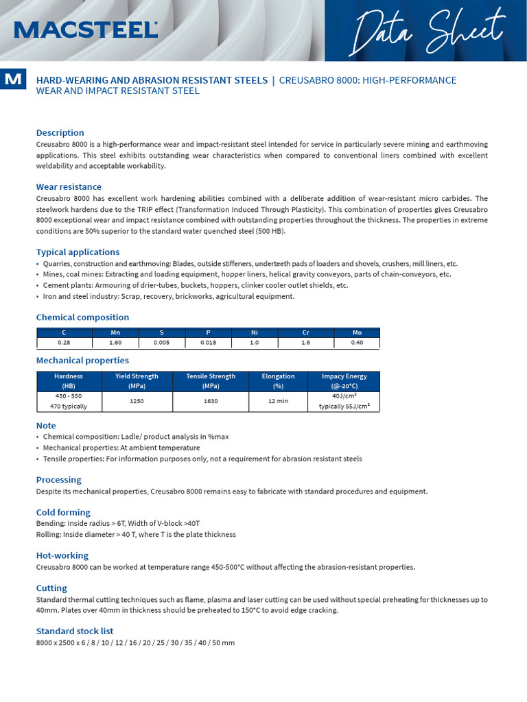 Creusabro 8000: Impact-Resistant Steel | PDF | Steel | Wear