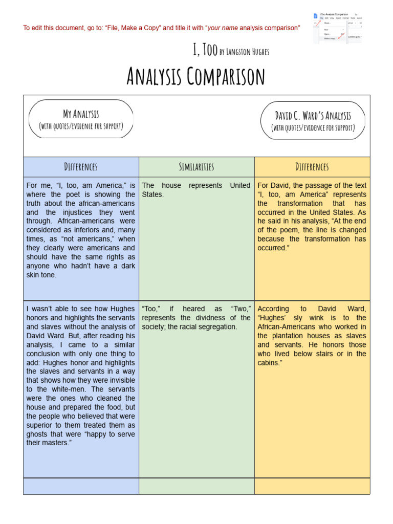 I, Too Analysis Comparison | PDF