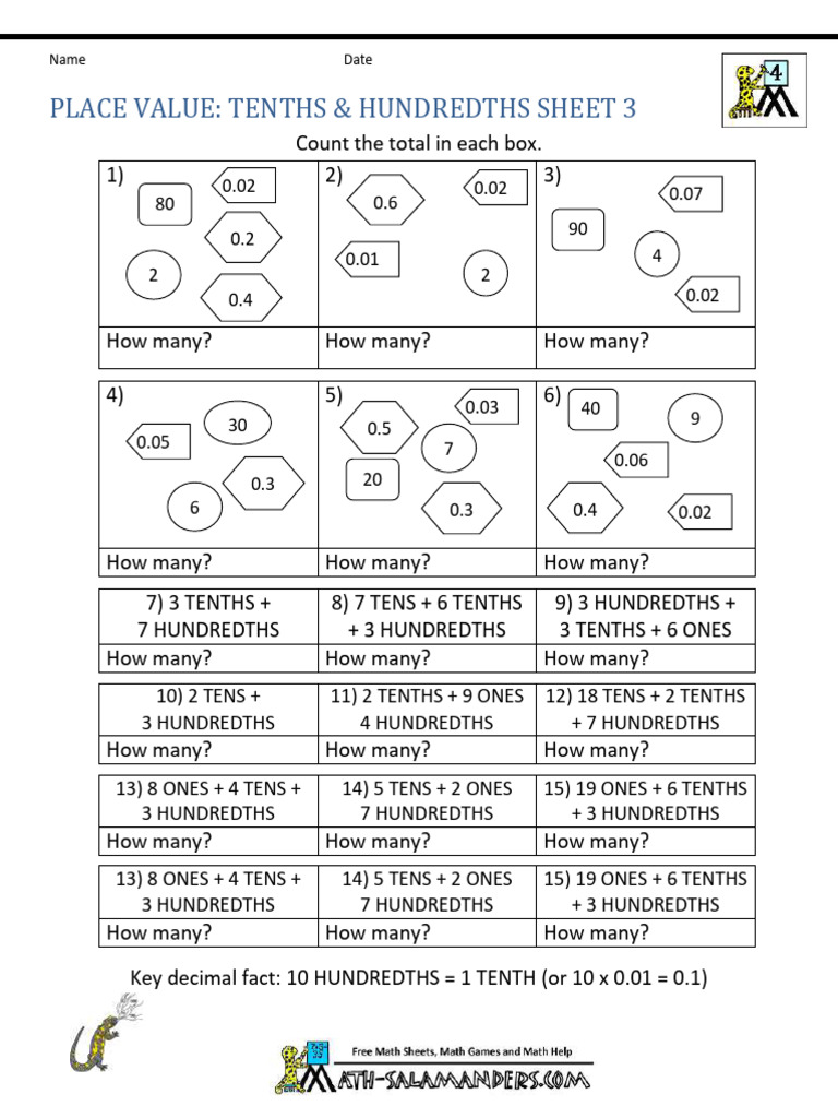 Place Value Hundredths 3 | PDF | Arithmetic | Mathematical Notation