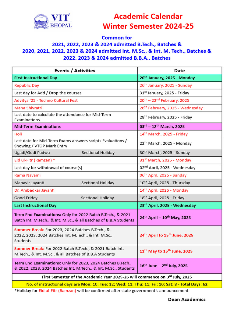 Academic Calendar Winter Semester 2024-25 (All B.Tech., Int. M.Tech ...