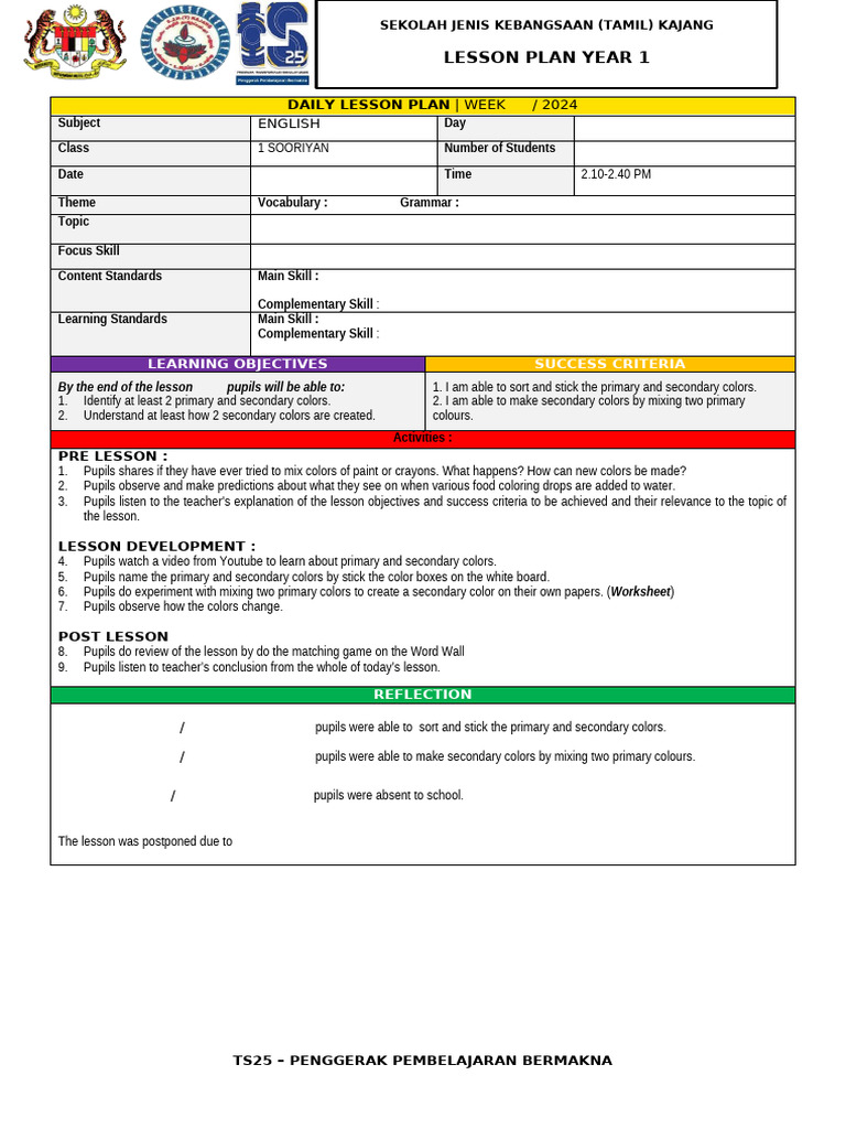 Year 1 English Color Mixing Lesson | PDF | Color | Lesson Plan