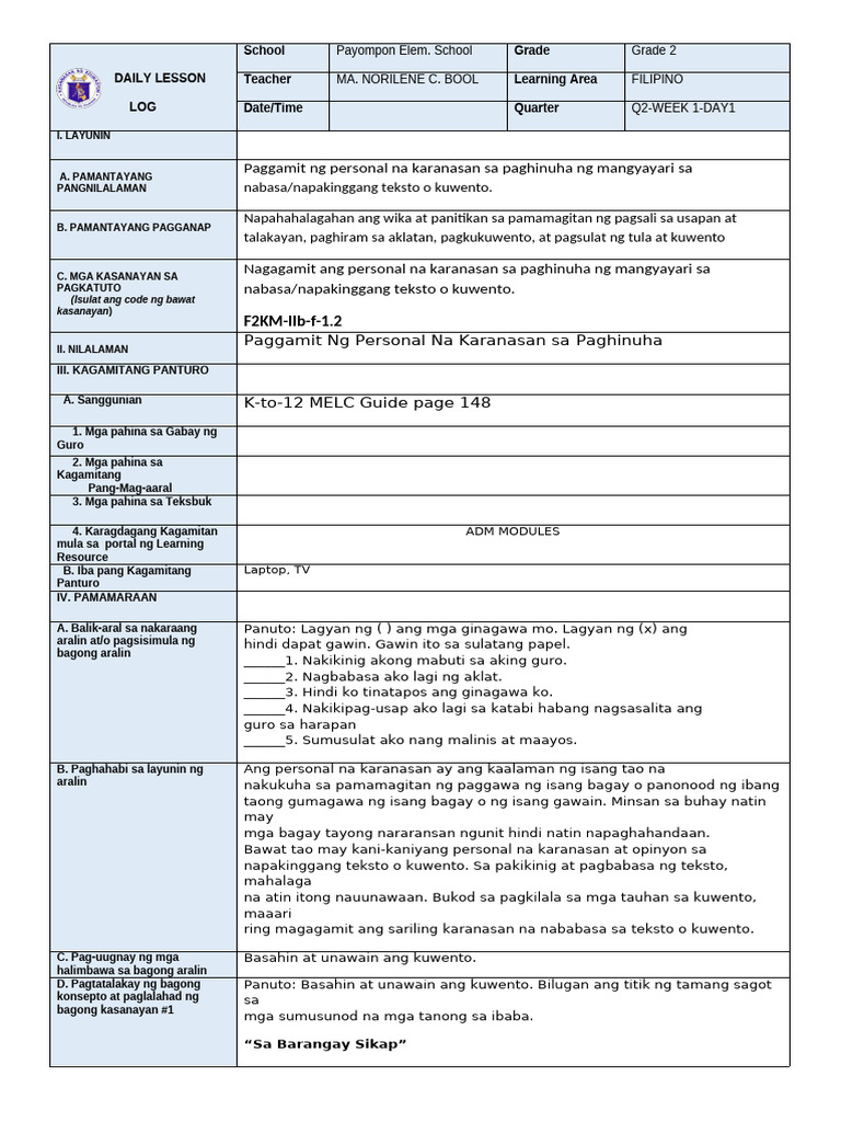 Q2-FILIPINO DLP-WEEK 1 | PDF