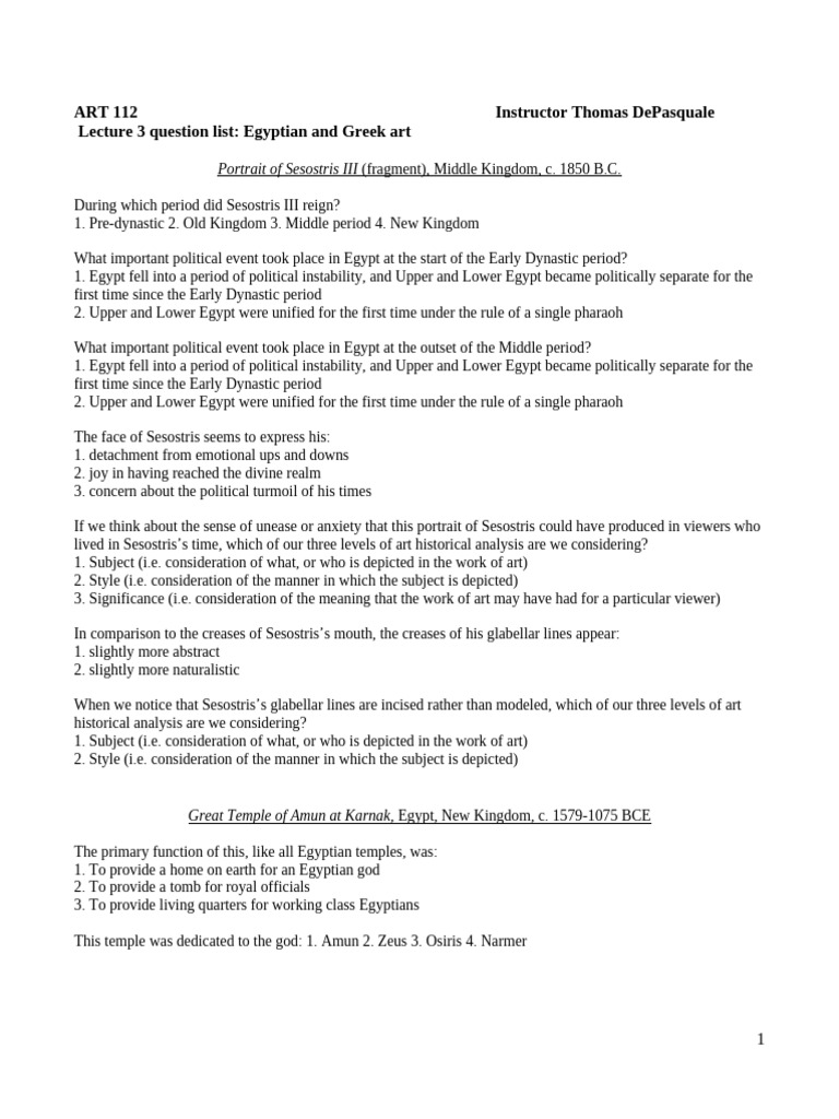 Art 112. Lecture 3 Question List Egyptian and Greek Art | PDF | Ancient ...