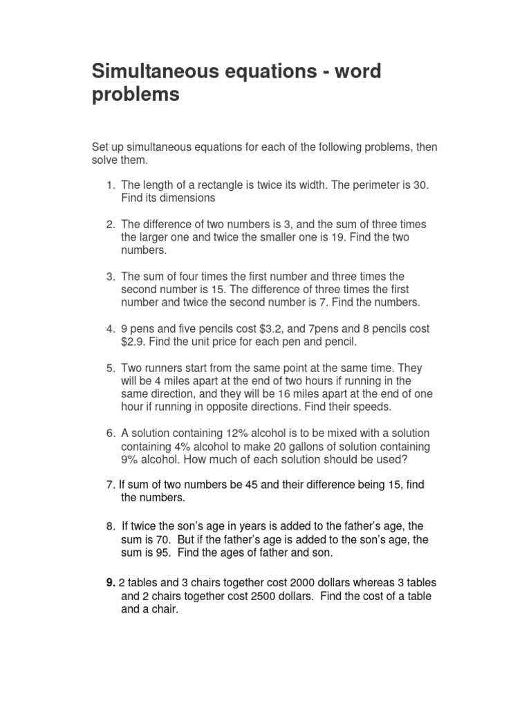 Simultaneous Equations Worded Problems | PDF