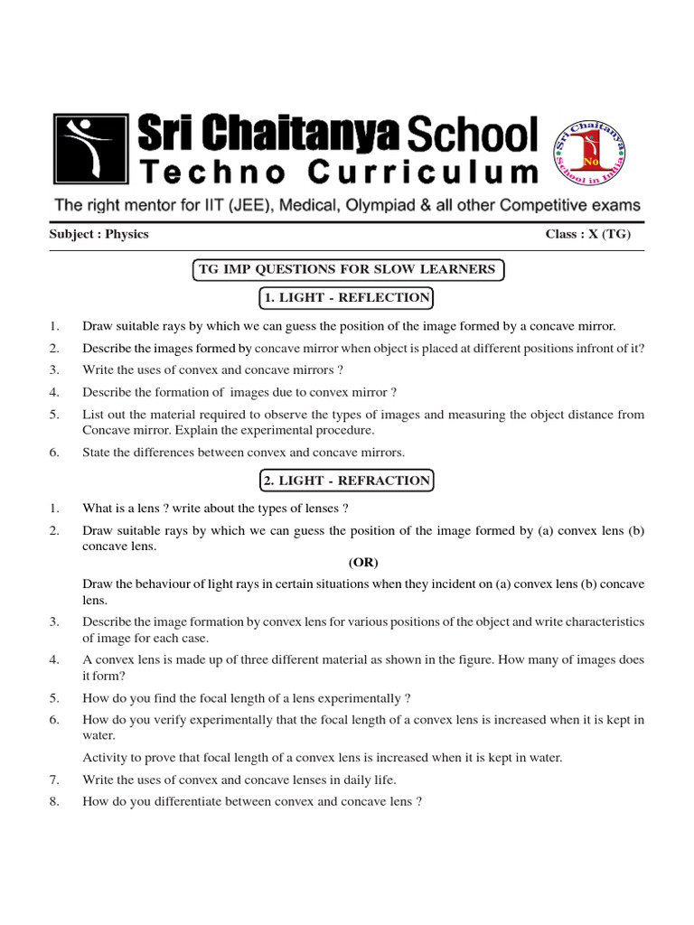 TG Physics Imp Questions For Slow Learners (24 - 25) | PDF | Mirror | Light