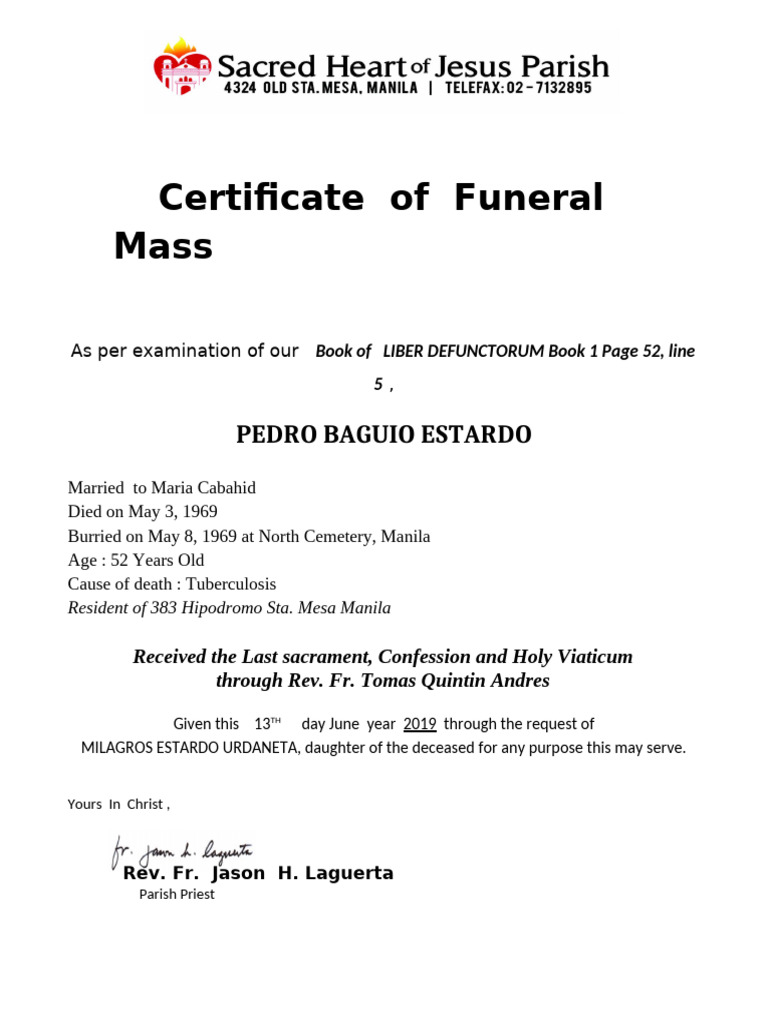 Funeral Certificate for Pedro Estardo | PDF